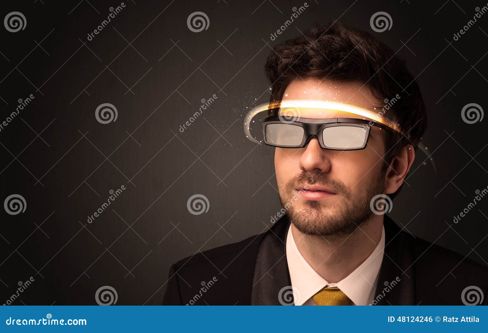 Handsome Man Looking with Futuristic High Tech Glasses Stock Photo ...