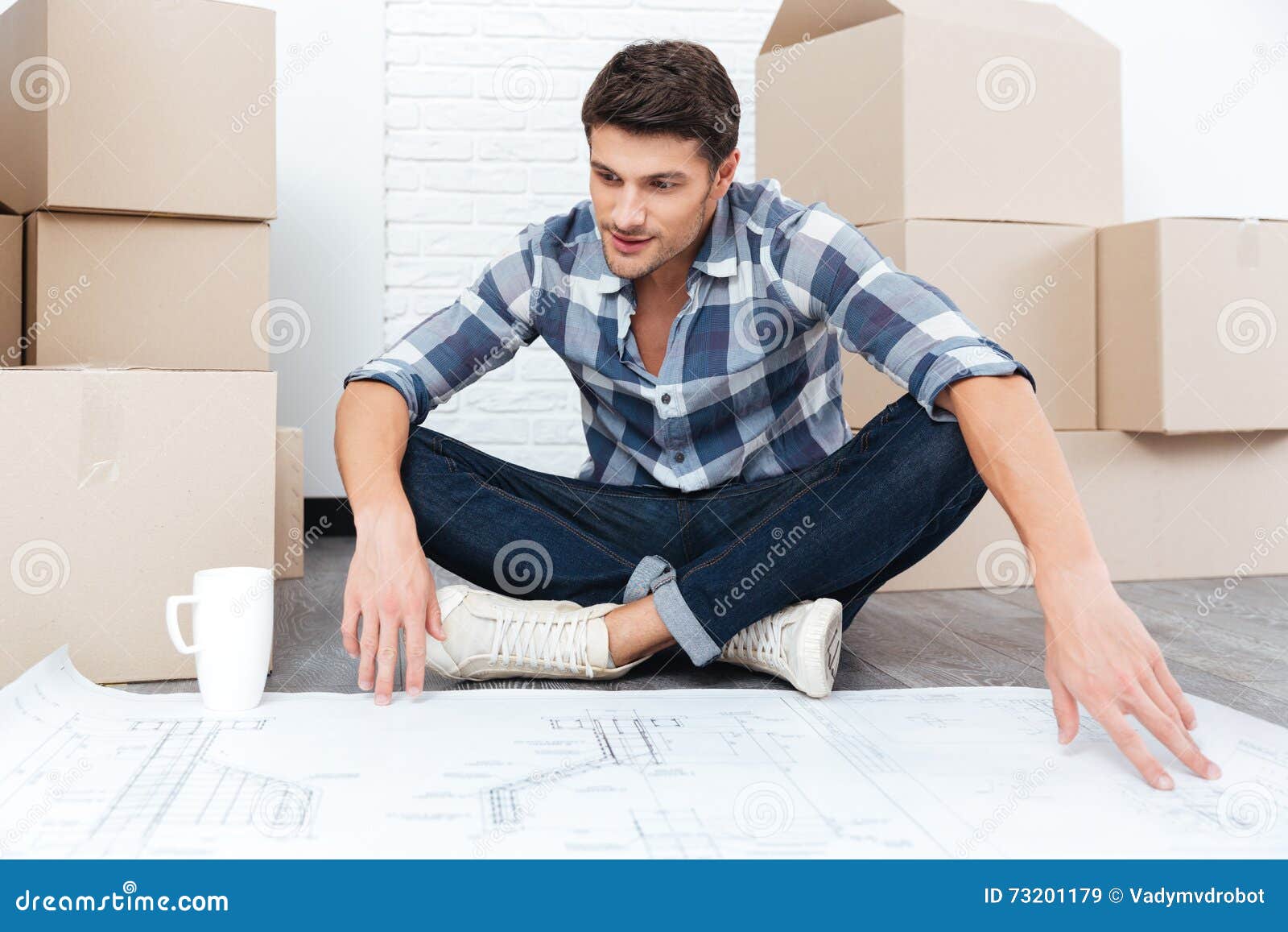 Handsome Man Looking at the House Plan Blueprint Stock Image - Image of ...