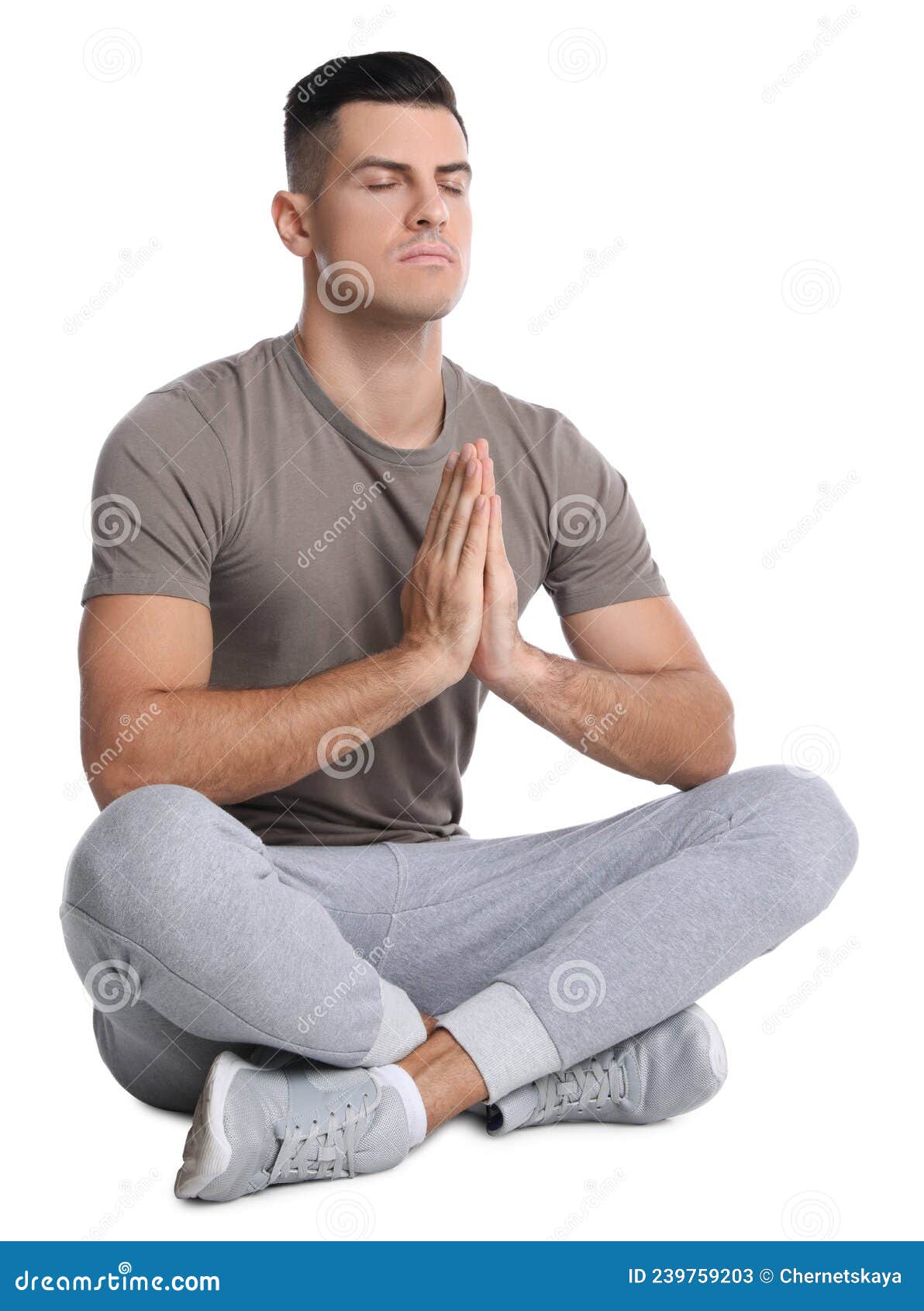 Handsome Man Meditating on White Background. Harmony and Zen Stock ...