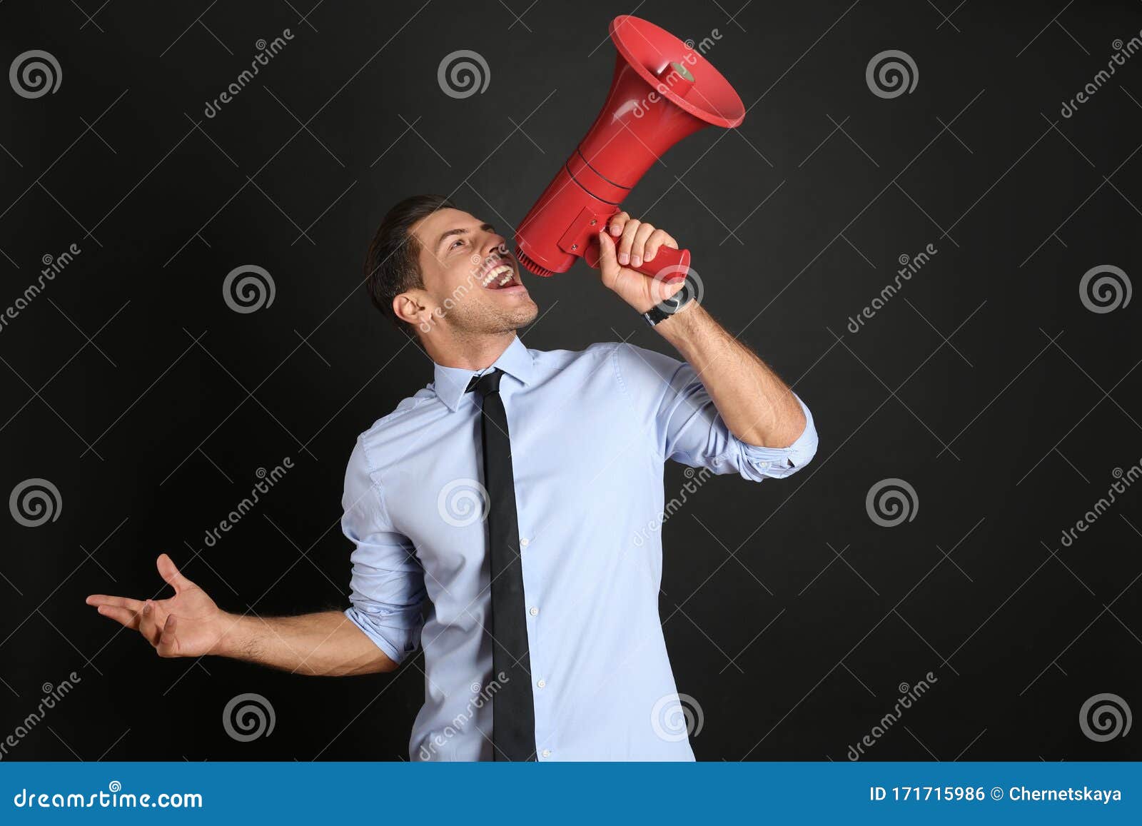 Handsome Man with Megaphone on Black Background Stock Photo - Image of ...