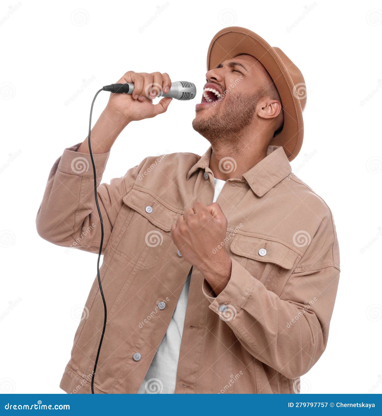Handsome Man with Microphone Singing on White Background Stock Image ...