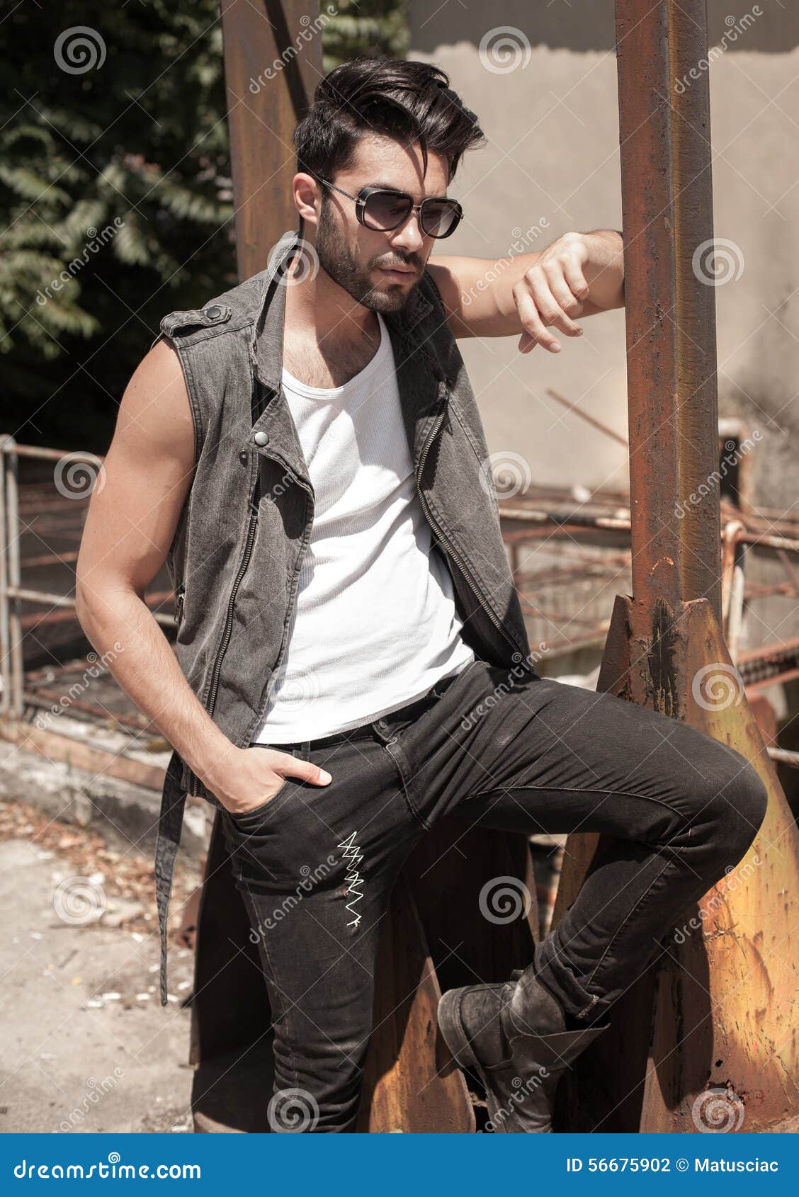 Handsome Man Model Dressed Punk, Hipster Posing Dramatic in Grun Stock ...