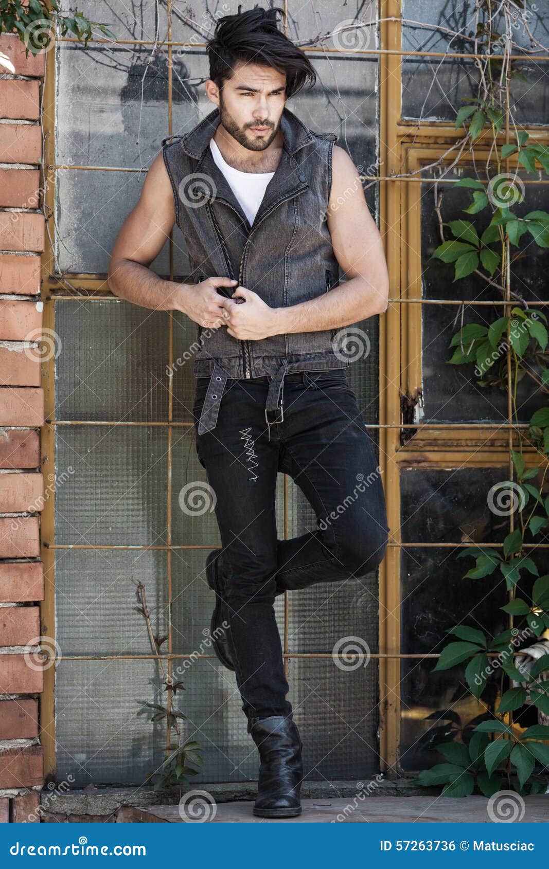 Handsome Man Model Dressed Punk, Hipster Posing Dramatic in Grun Stock ...