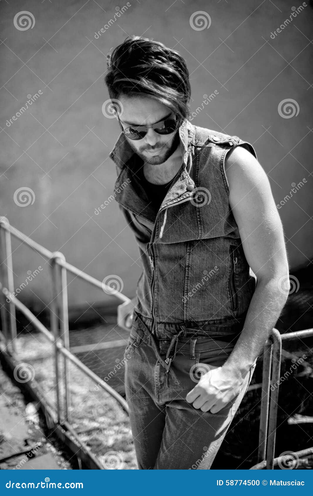 Handsome Man Model Dressed Punk, Hipster Posing Dramatic in Grun Stock ...