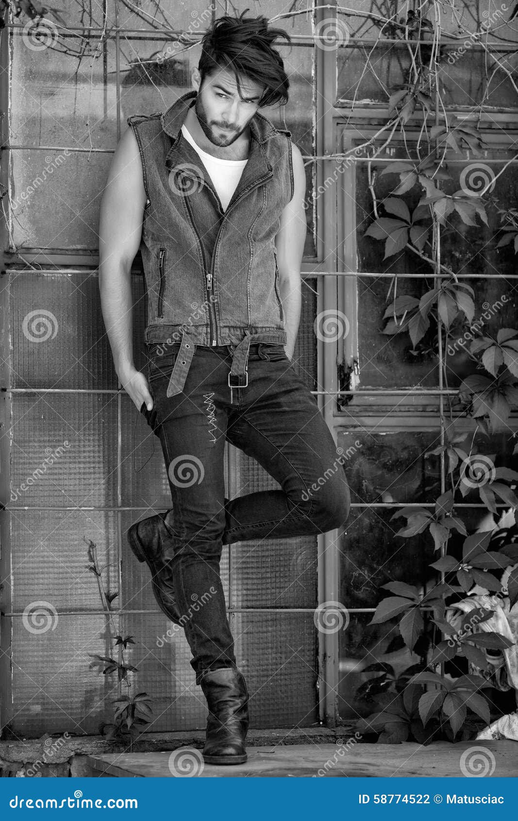 Handsome Man Model Dressed Punk, Hipster Posing Dramatic in Grun Stock ...