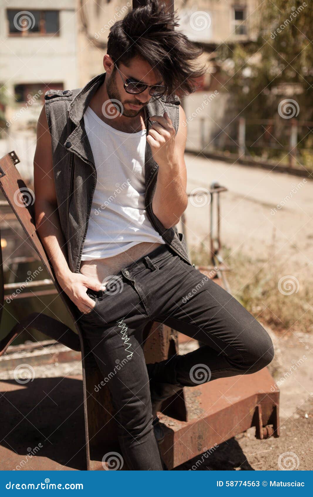 Handsome Man Model Dressed Punk, Hipster Posing Dramatic in Grun Stock ...
