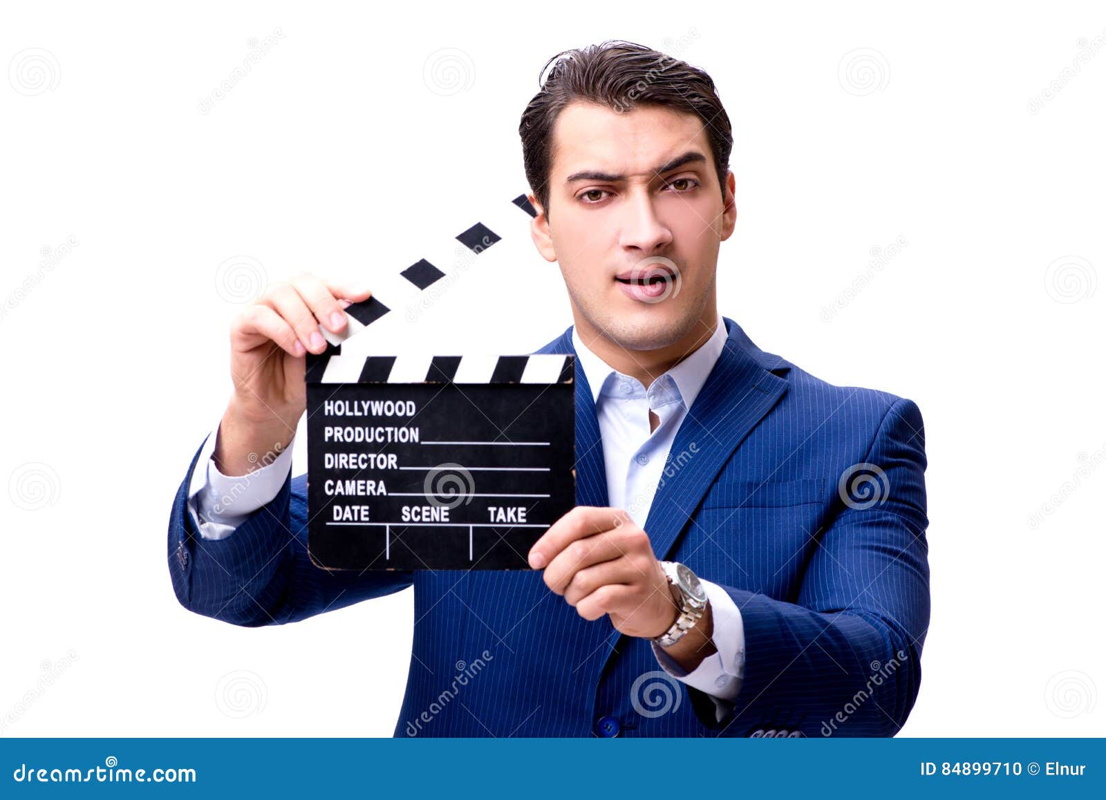 The Handsome Man with Movie Clapper Isolated on White Stock Photo ...
