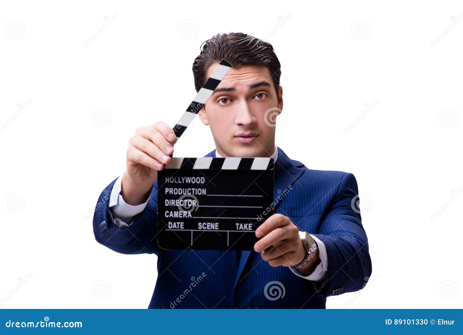 The Handsome Man with Movie Clapper Isolated on White Stock Photo ...