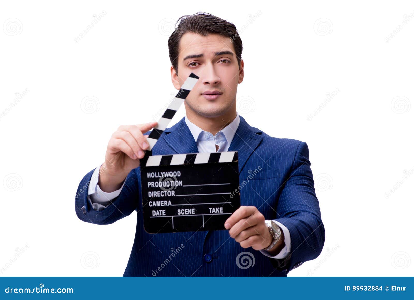 The Handsome Man with Movie Clapper Isolated on White Stock Photo ...