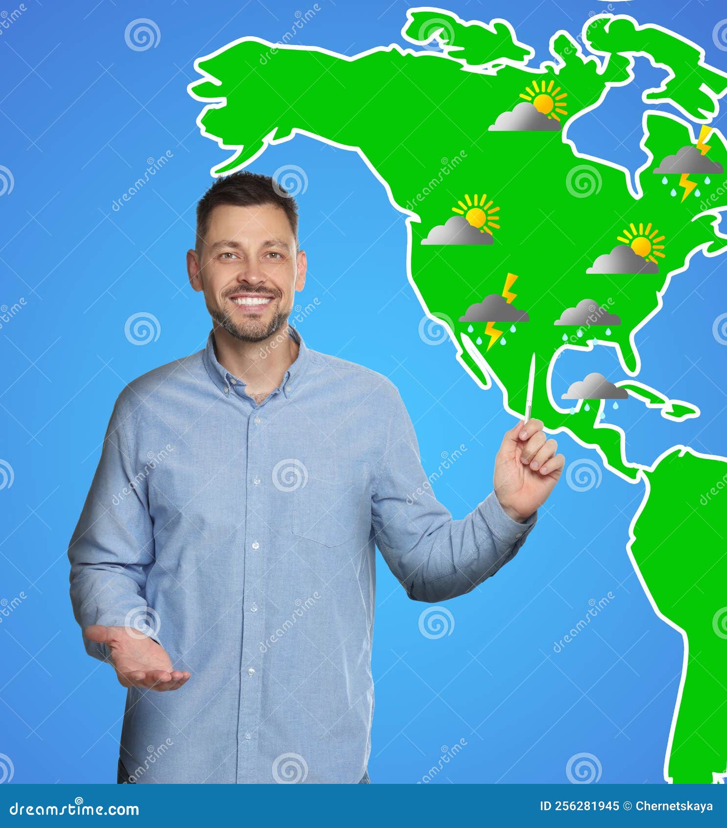 Handsome Man Near Virtual Screen with Map that Demonstrating Weather ...