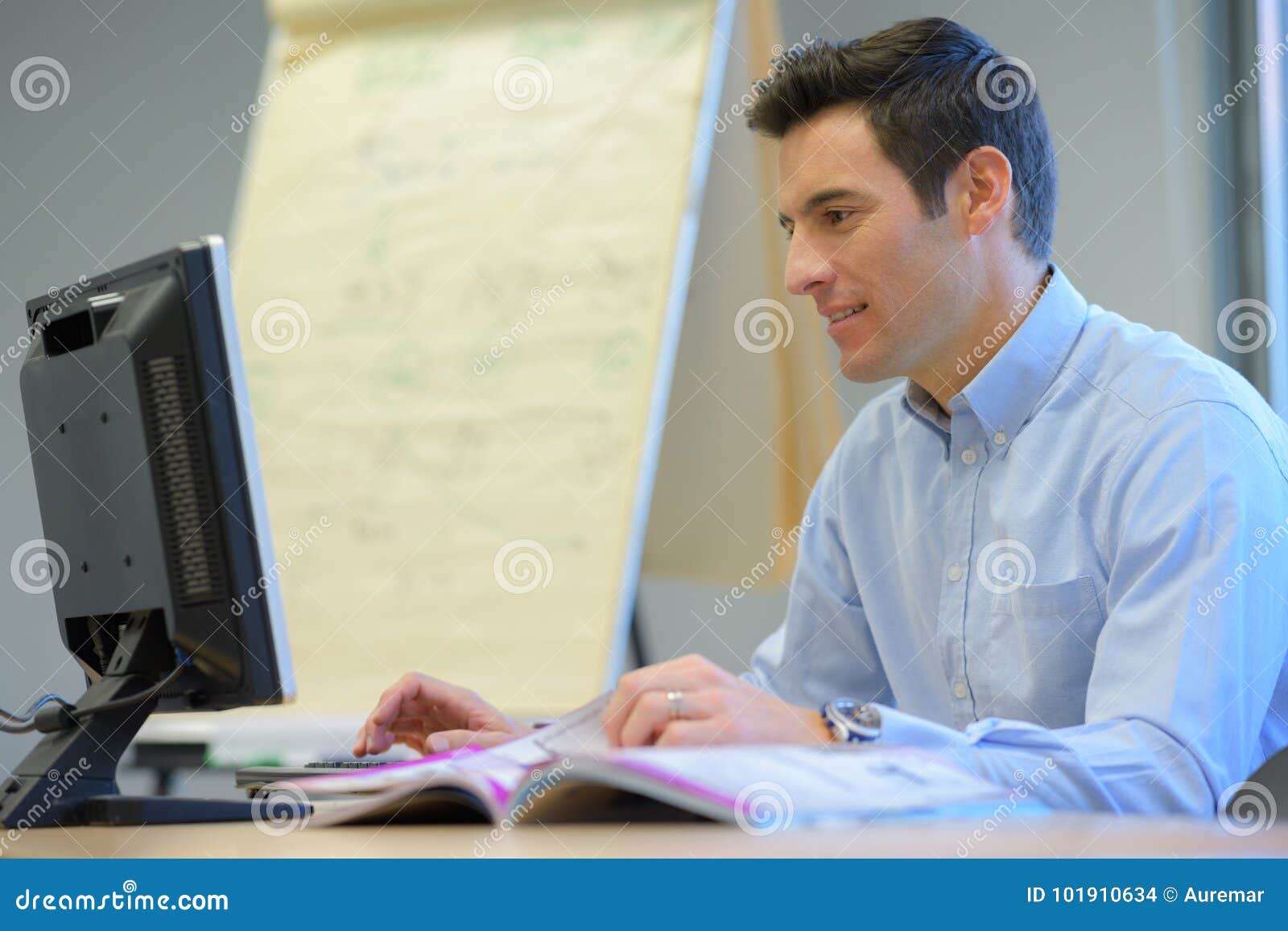 Handsome Man in Office with Computer at Work Stock Photo - Image of ...