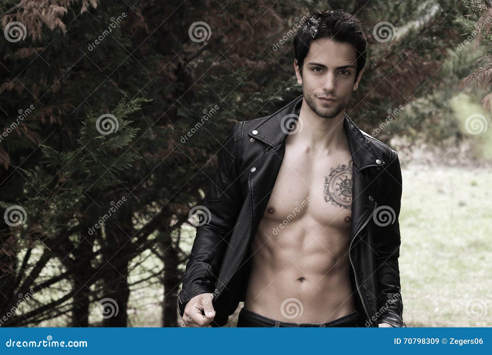 Handsome Man Opening His Leather Jacket Stock Image - Image of muscular ...