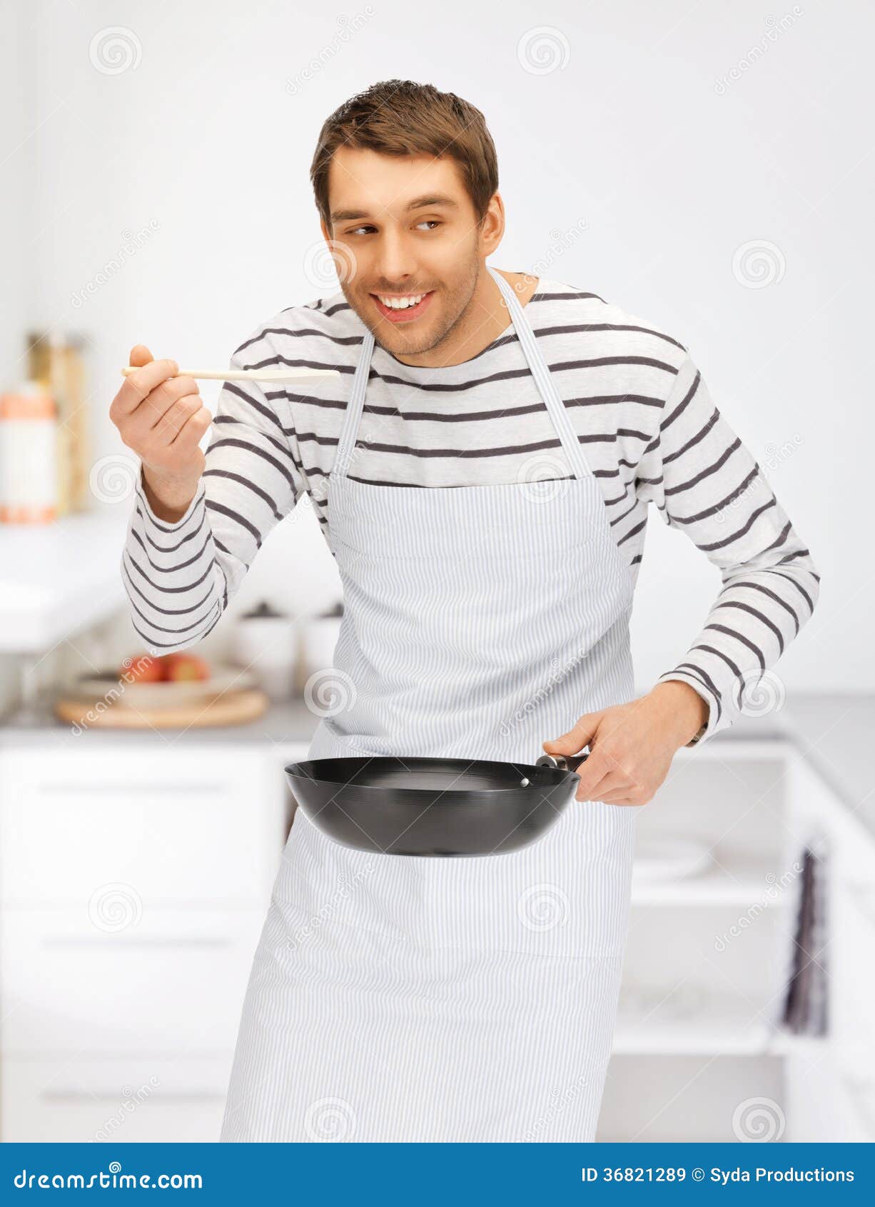 Handsome Man with Pan at Kitchen Stock Image - Image of meal, person ...