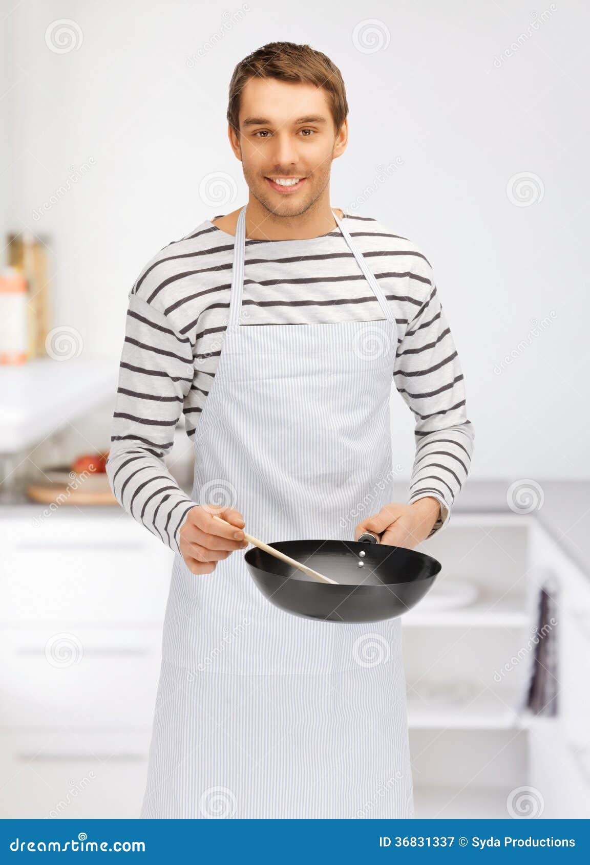 Handsome Man with Pan at Kitchen Stock Image - Image of chief, friendly ...