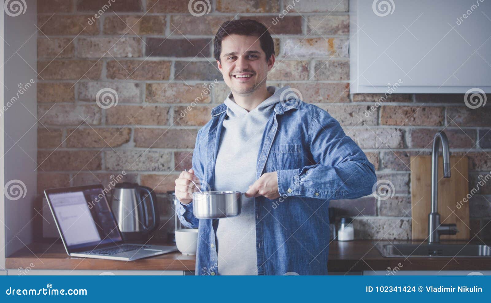 Handsome Man with Pan and Spoon Stock Photo - Image of notebook, style ...