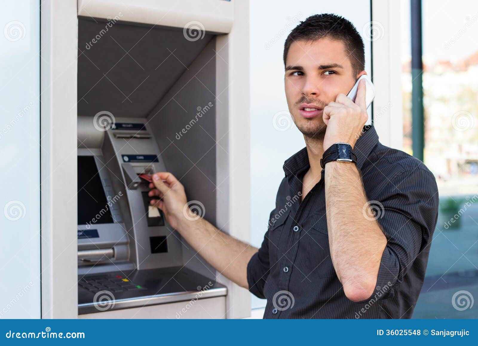 Handsome Man on the Phone at ATM Stock Photo - Image of male, beauty ...