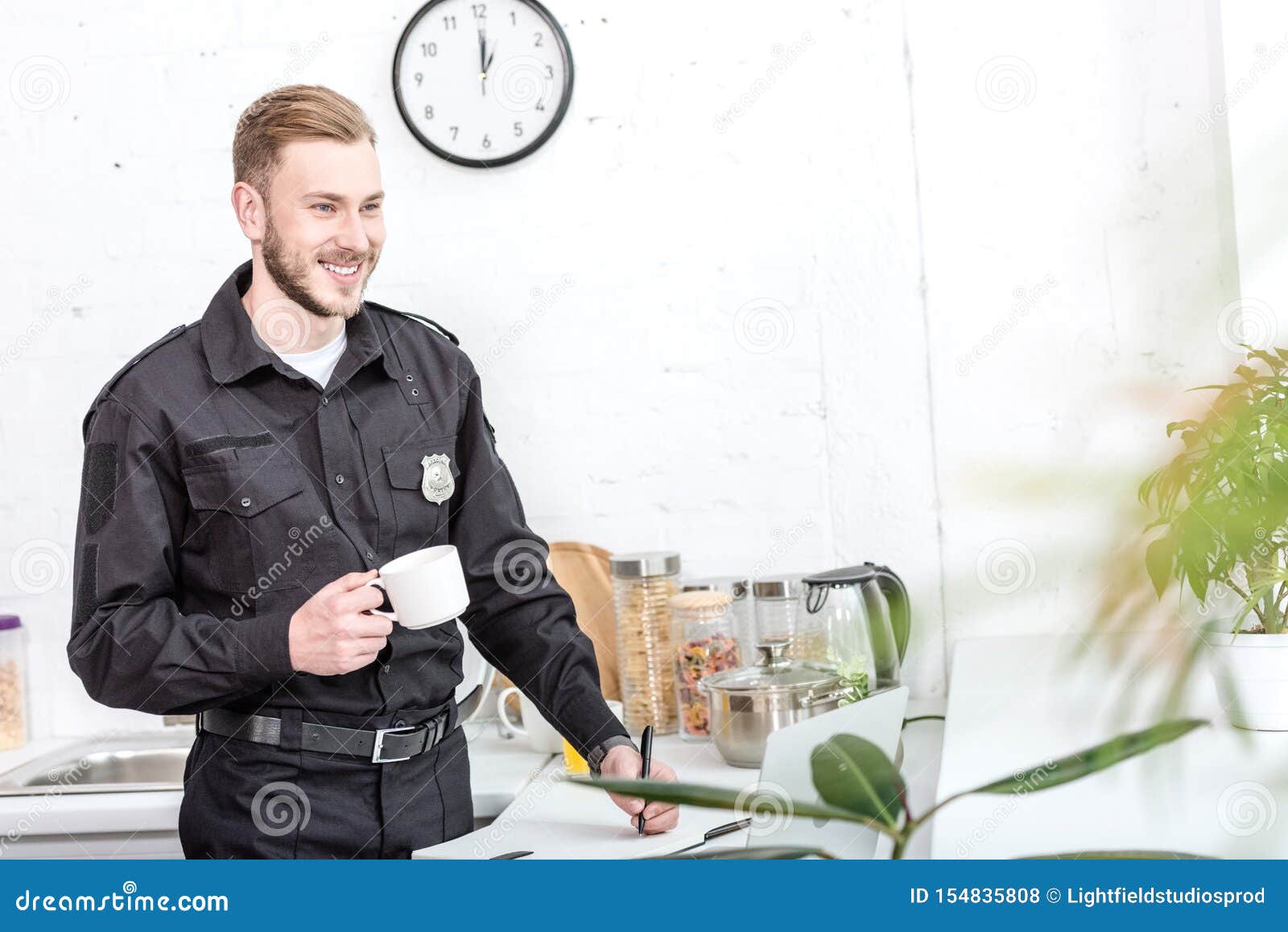 Handsome Man in Police Uniform Drinking Coffee Stock Photo - Image of ...