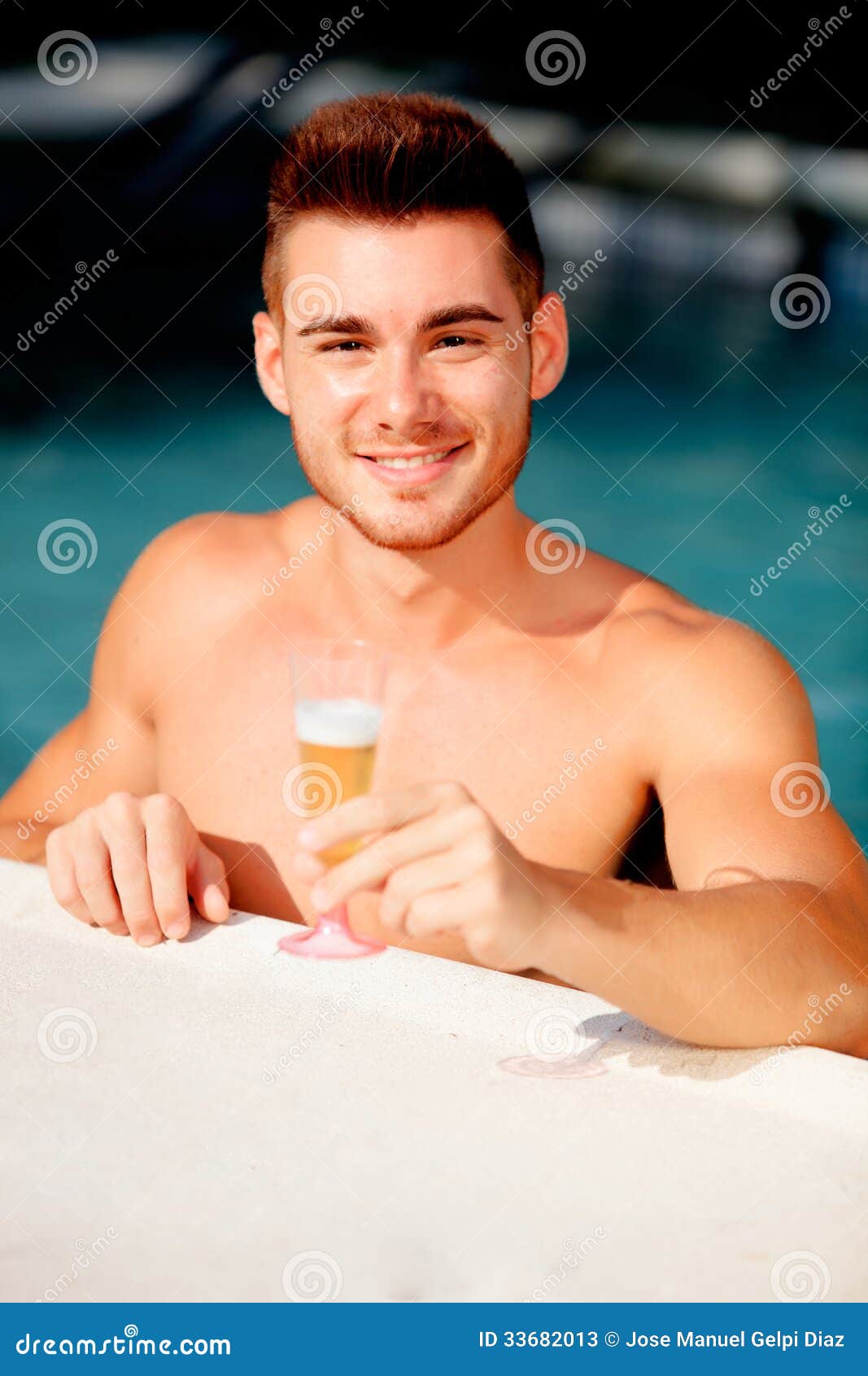 Handsome Man in the Pool Toasting with Champagne Stock Image - Image of ...