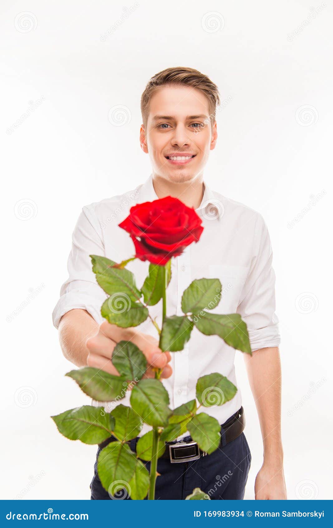 Handsome Man Presenting Red Rose at Camera Stock Photo - Image of ...