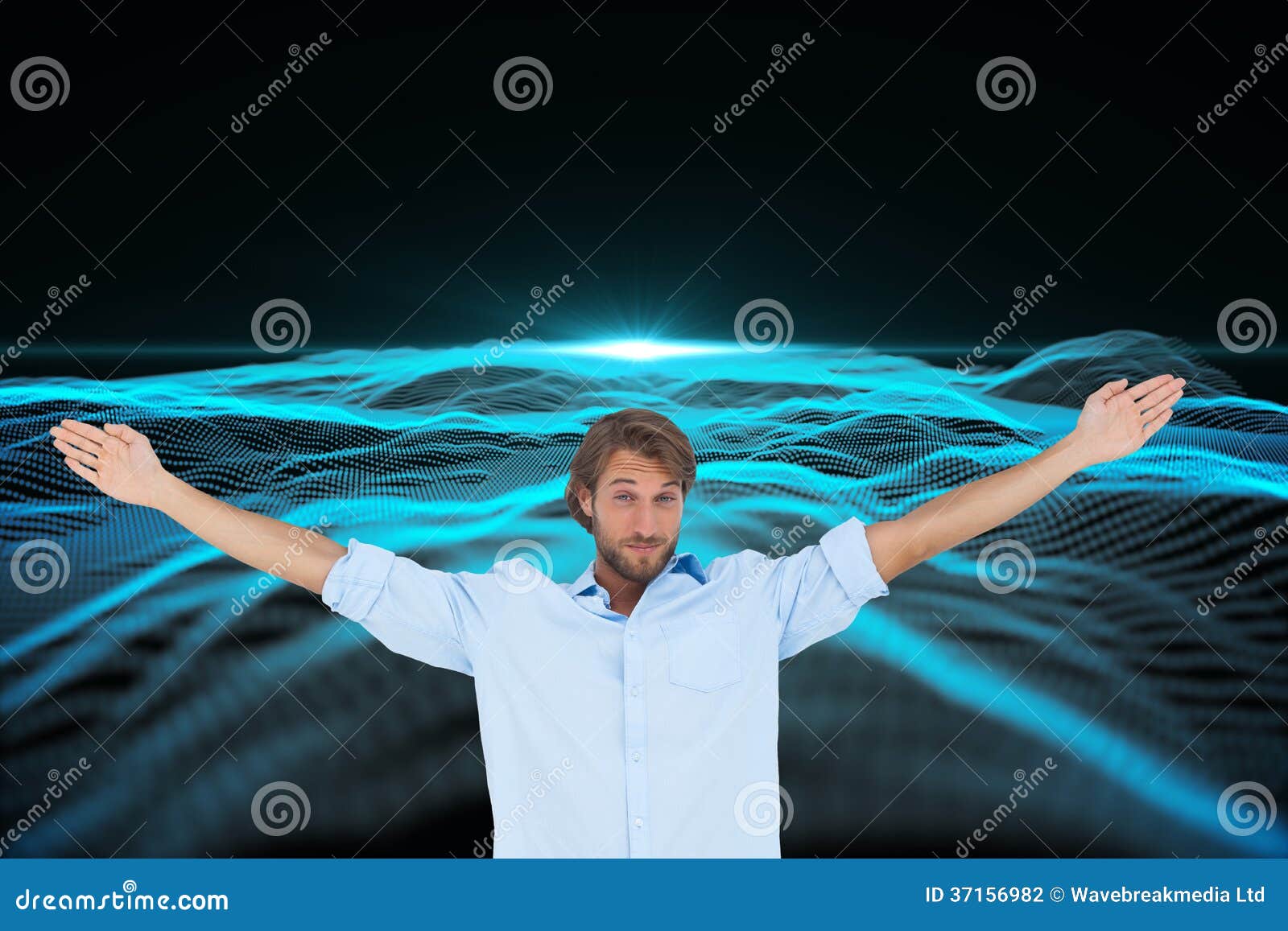 Handsome man raising hands stock photo. Image of glow - 37156982