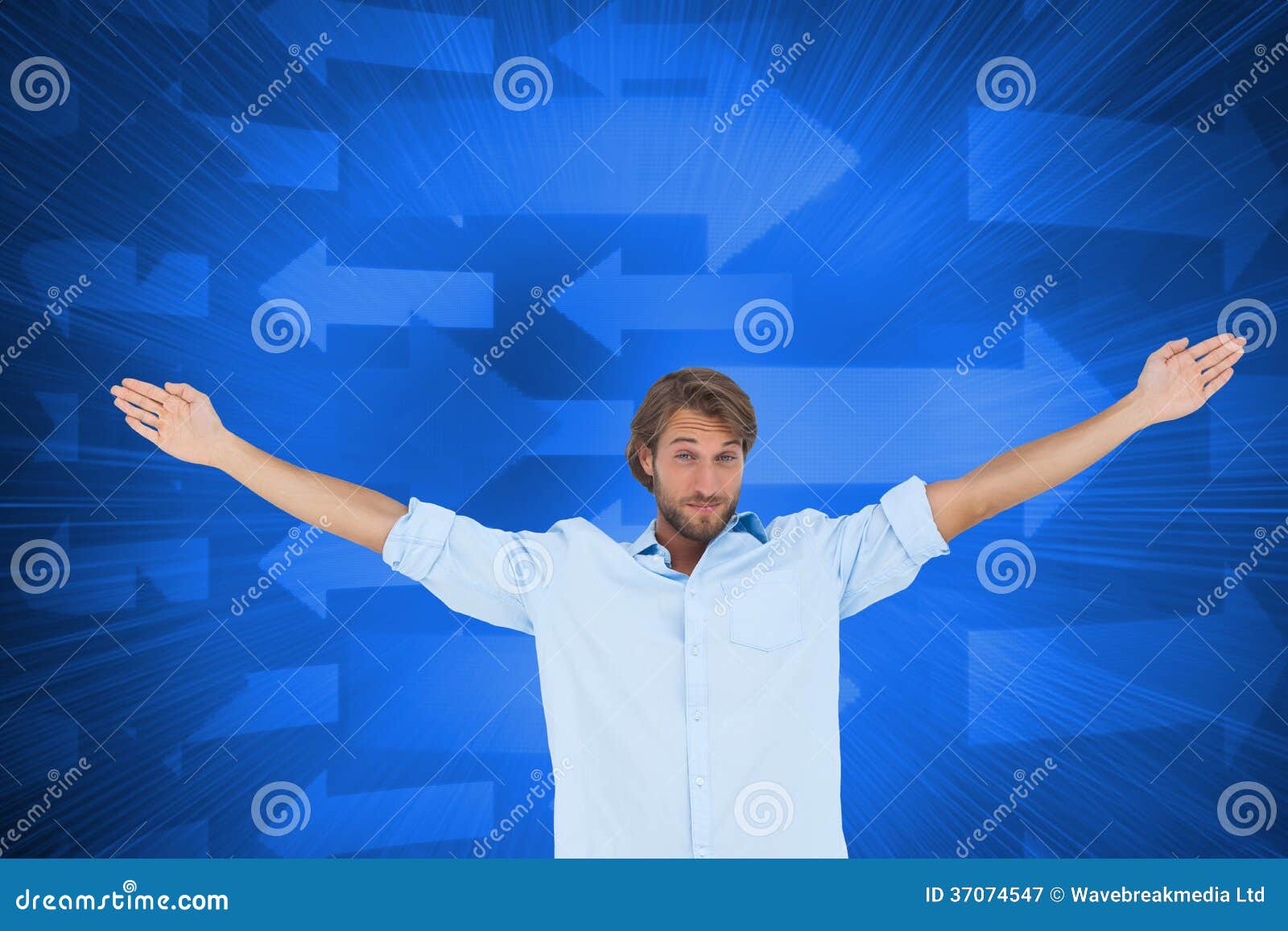 Handsome man raising hands stock illustration. Illustration of shine ...