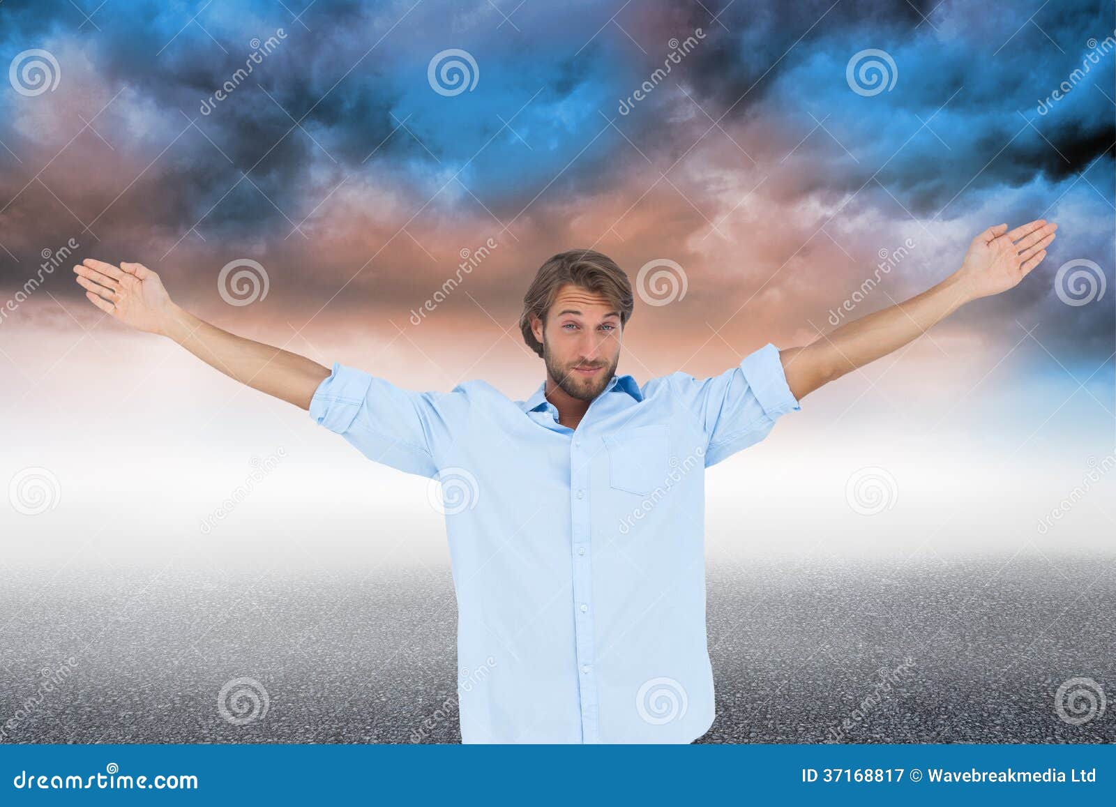 Handsome man raising hands stock image. Image of cloudy - 37168817