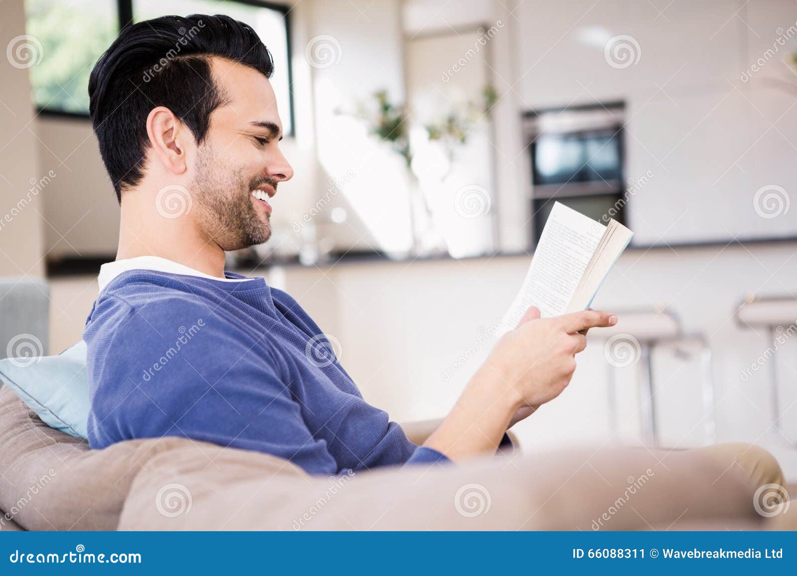 Handsome Man Reading a Book on the Couch Stock Image - Image of ...