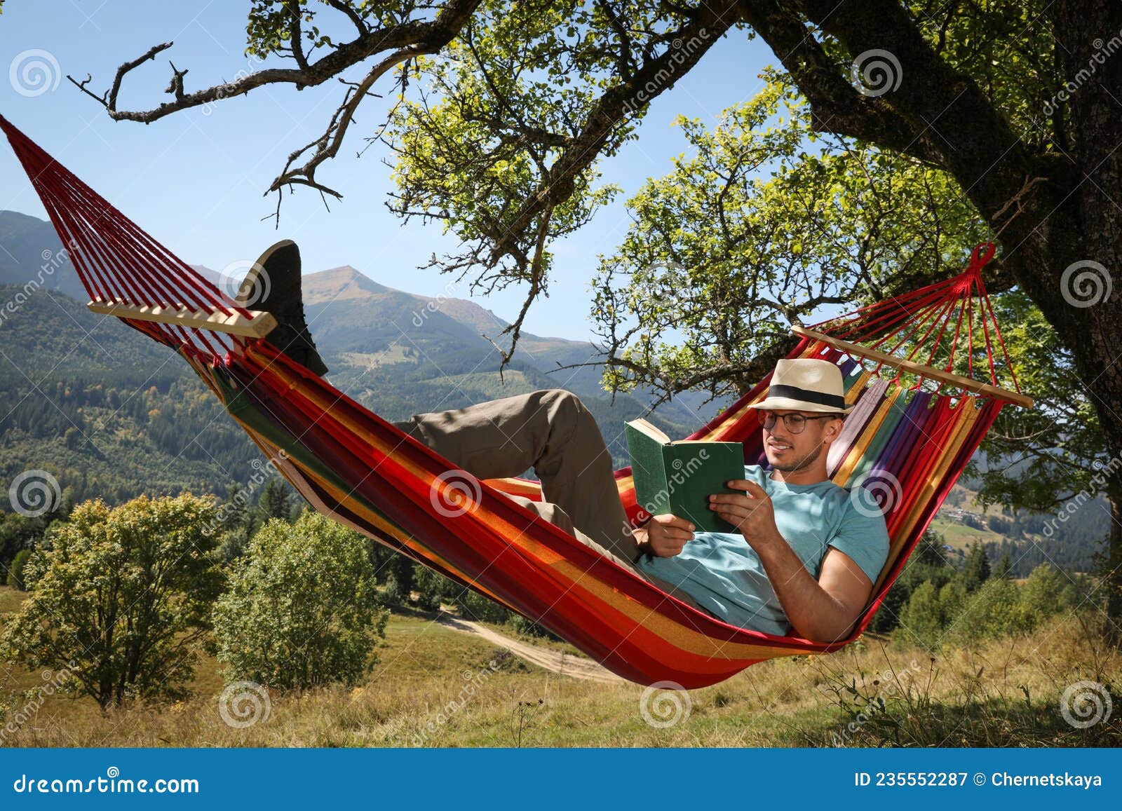 Handsome Man Reading Book in Hammock Outdoors on Sunny Day Stock Image ...