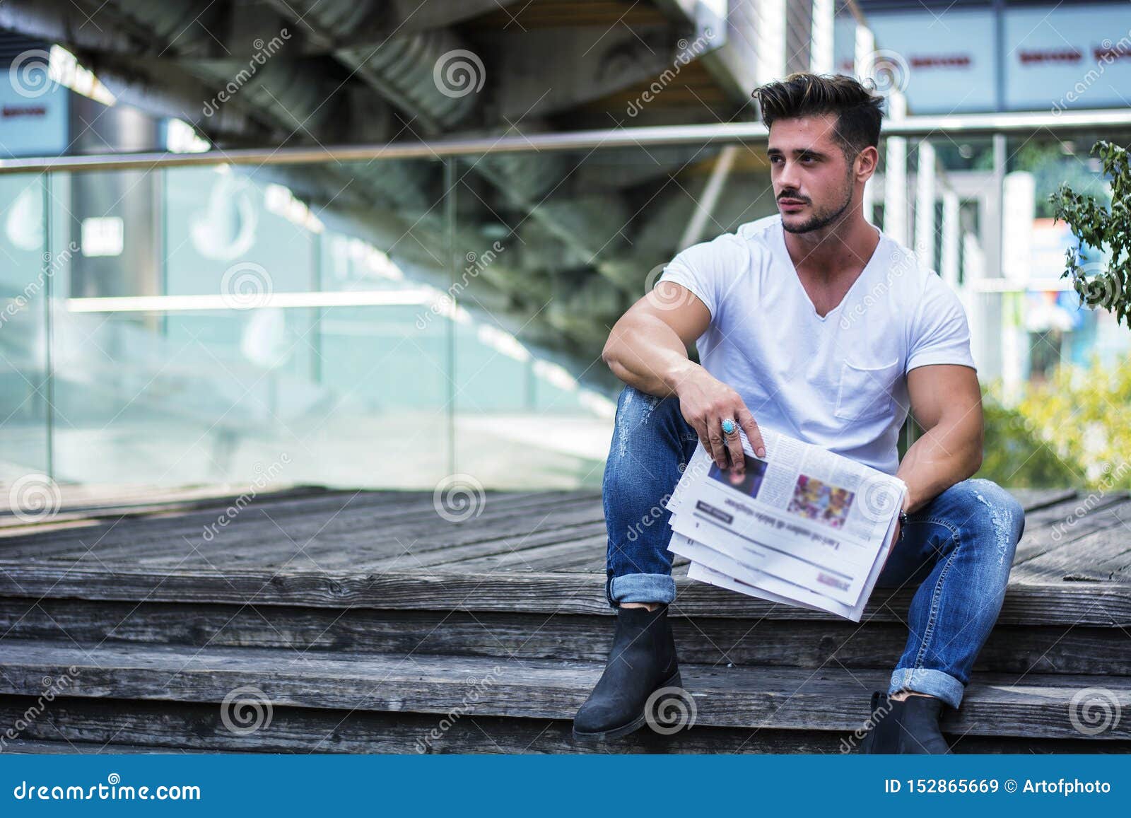 Handsome Man Reading Newspaper Outdoor in City Stock Image - Image of ...