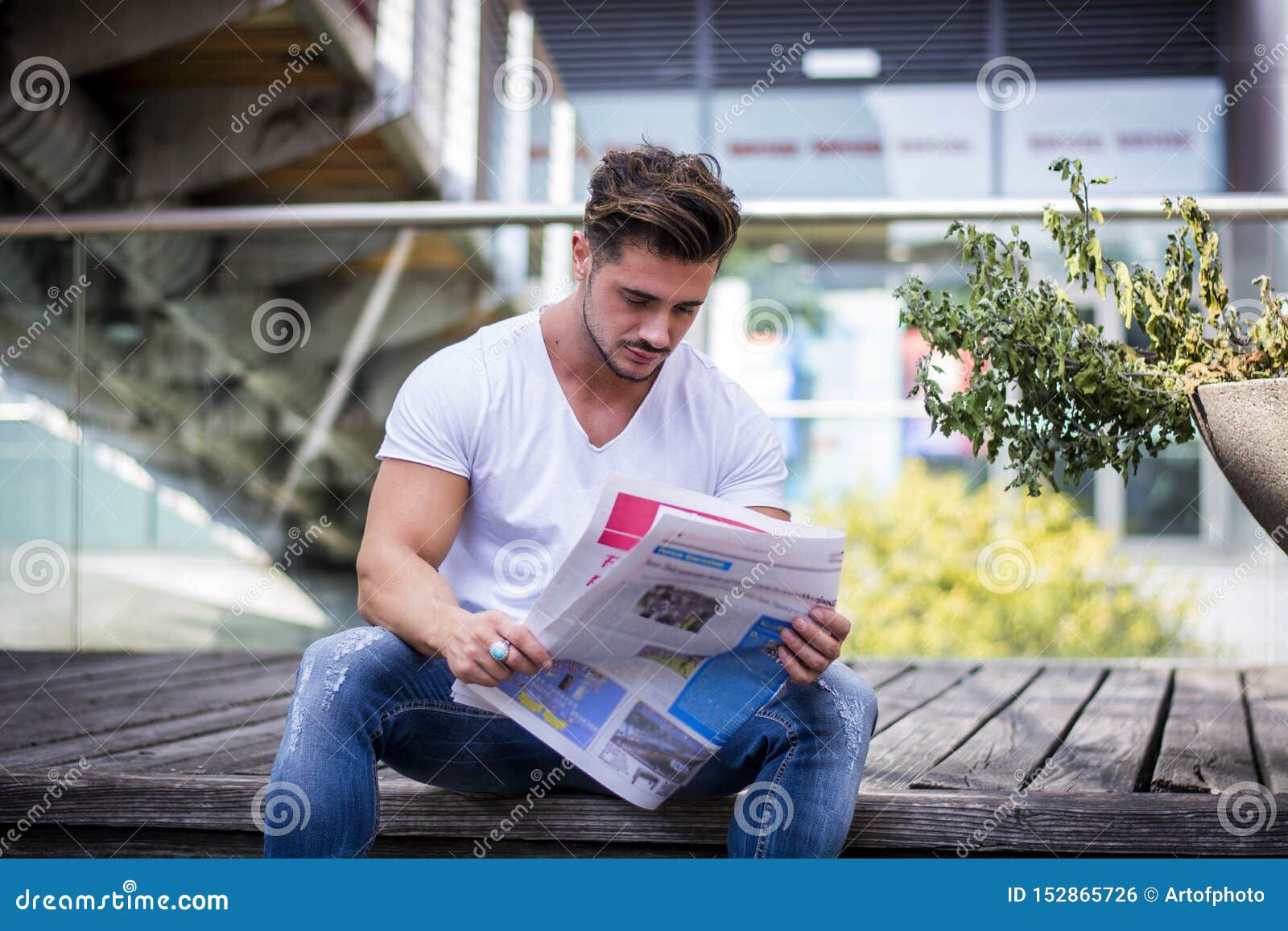 Handsome Man Reading Newspaper Outdoor in City Stock Photo - Image of ...