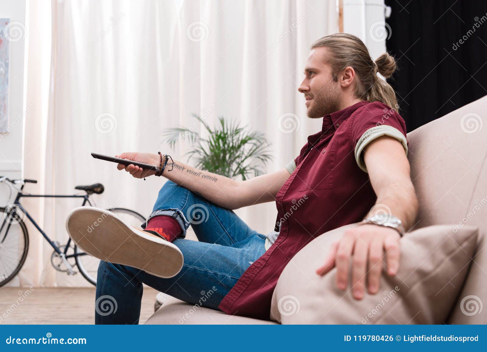 Handsome Man with Remote Control Watching Tv Stock Photo - Image of ...