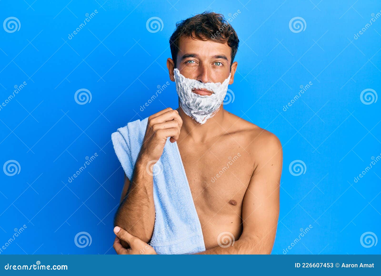 Handsome Man Saving Beard with Shave Foam Over Face Thinking Looking ...