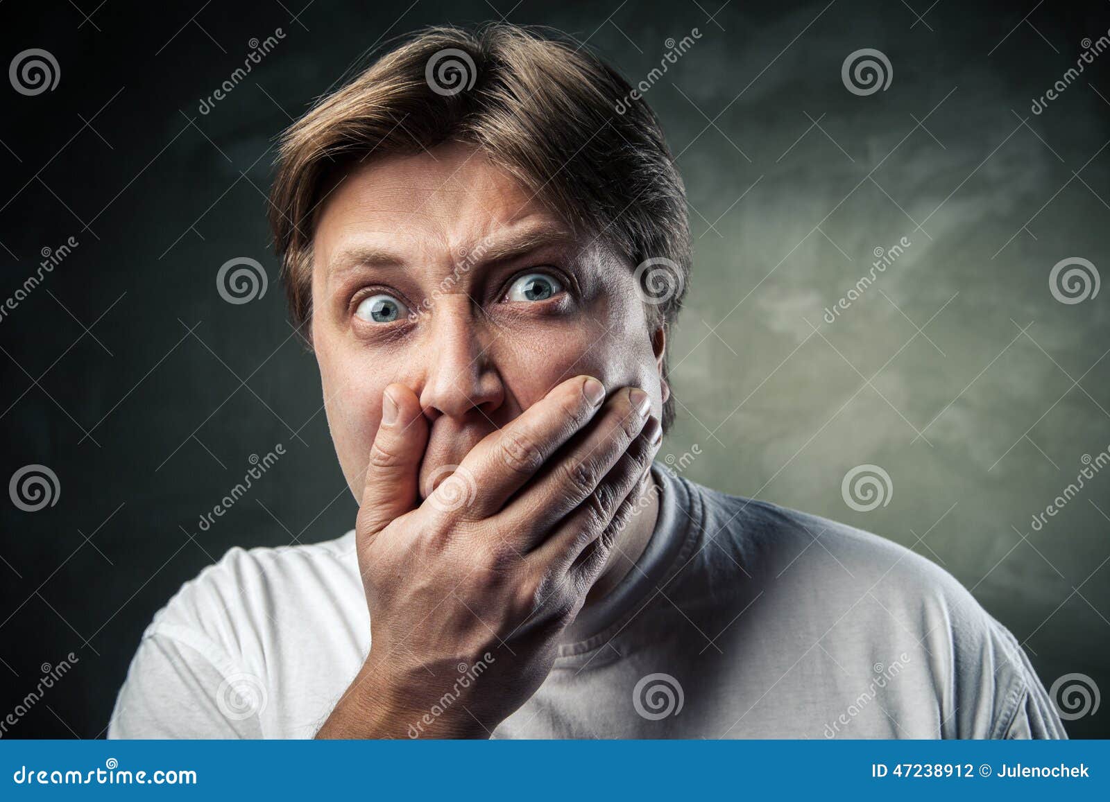 Handsome Man Scared Over Dark Grey Stock Photo - Image of shock ...