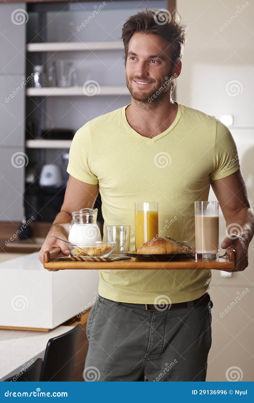 Handsome Man Serving Breakfast for Two Stock Photo - Image of face ...