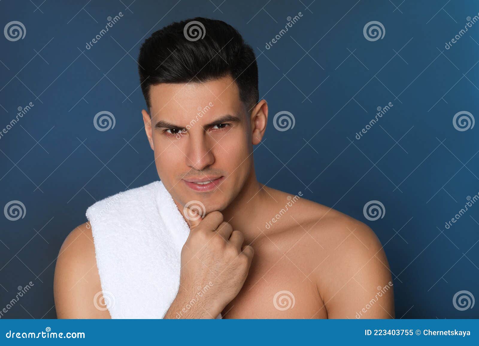 Handsome Man after Shaving on Blue Background Stock Image - Image of ...