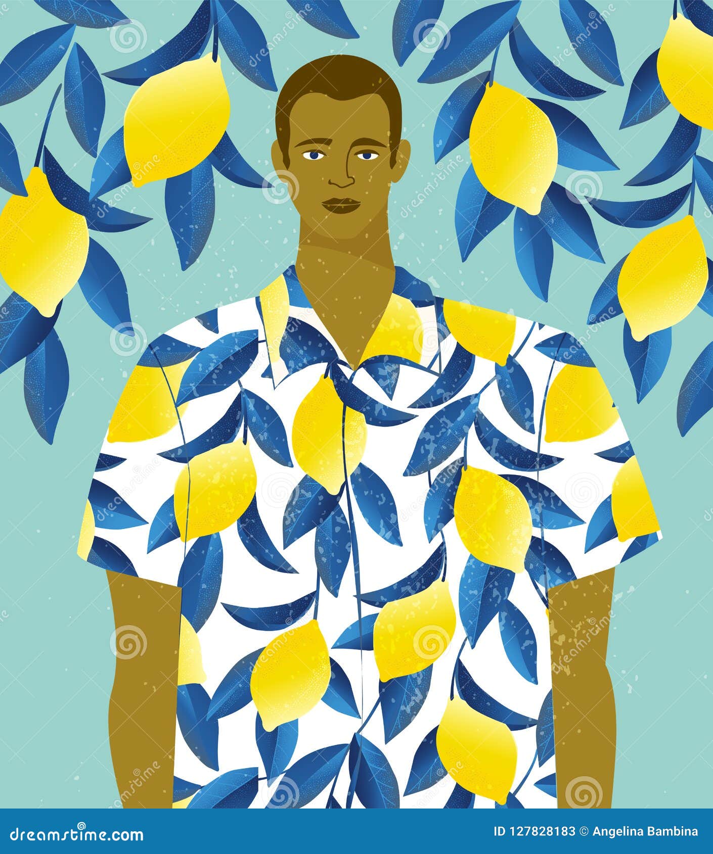 Handsome Man in a Shirt with Lemons Print on a Lemon Tree Background ...