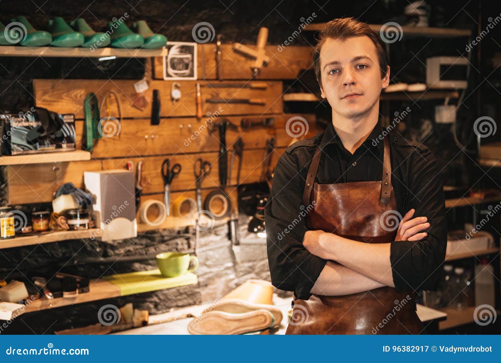 Handsome Man Shoemaker at Footwear Workshop Stock Image - Image of ...