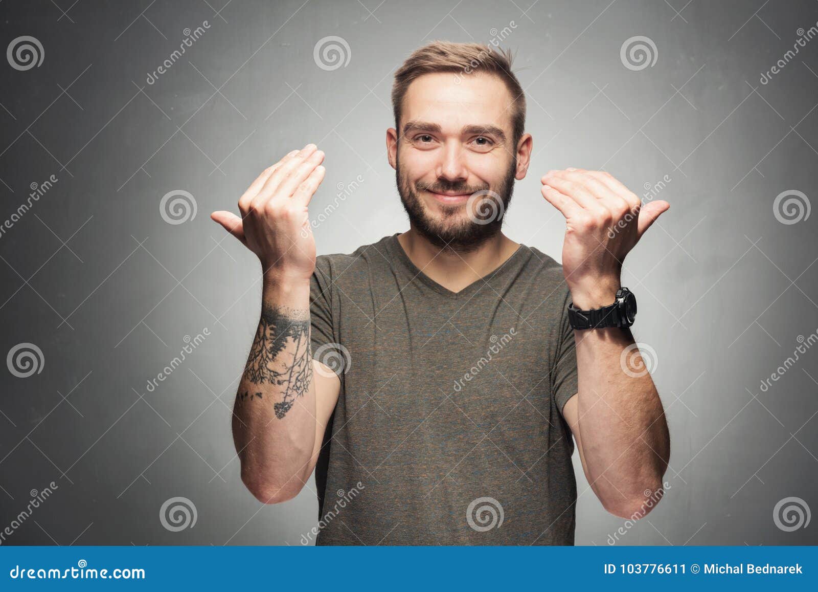 Handsome Man Showing Inviting Gesture. Stock Image - Image of looking ...