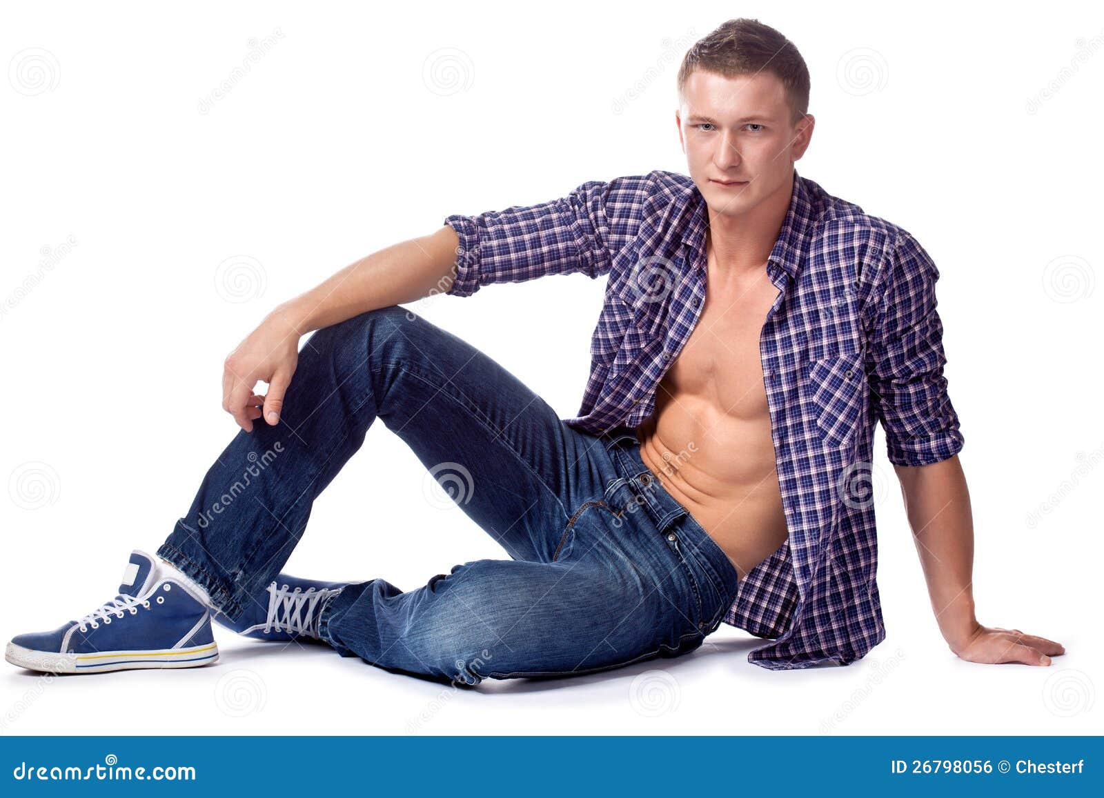 Handsome Man Sitting on the Floor Stock Photo - Image of plaid ...