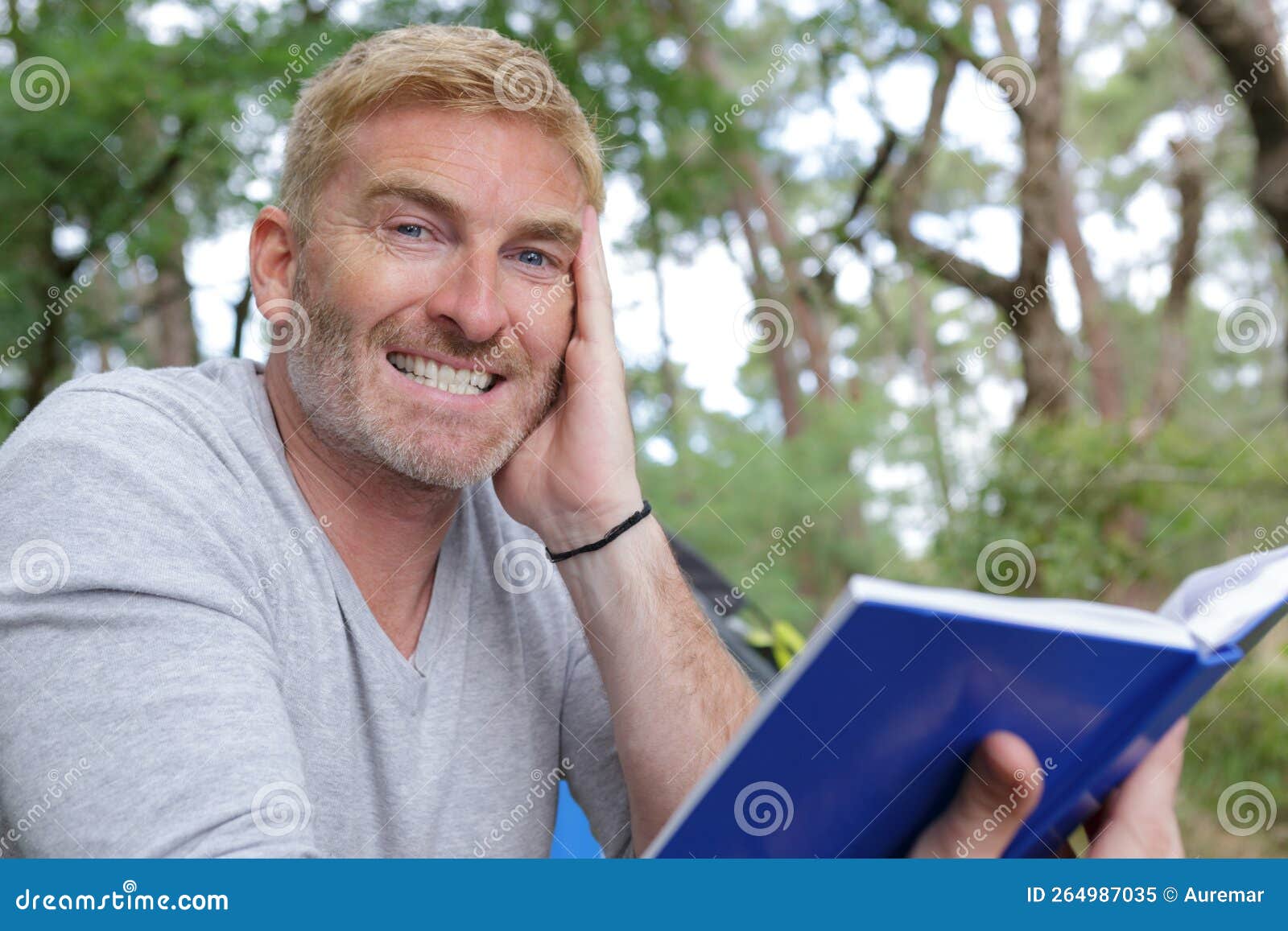 Handsome Man Sitting And Reading Book In Forest Stock Image Image Of