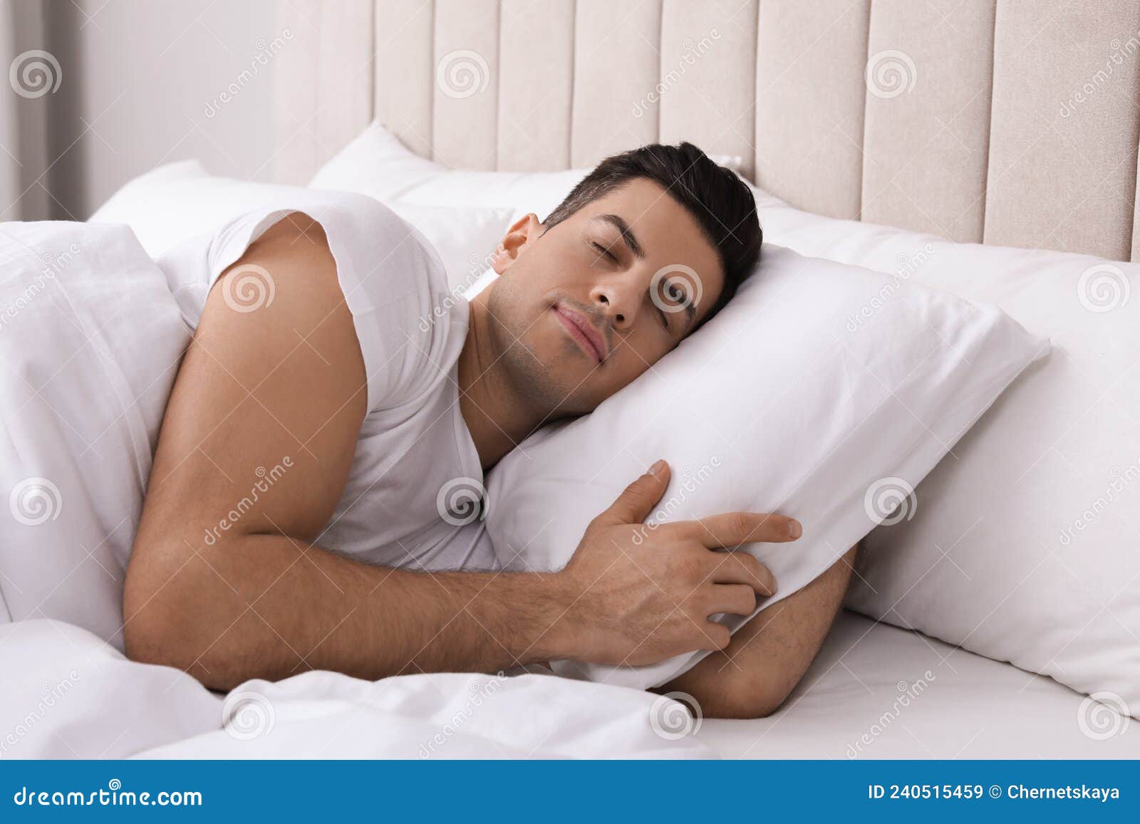 Handsome Man Sleeping in Bed at Home Stock Image - Image of indoors ...