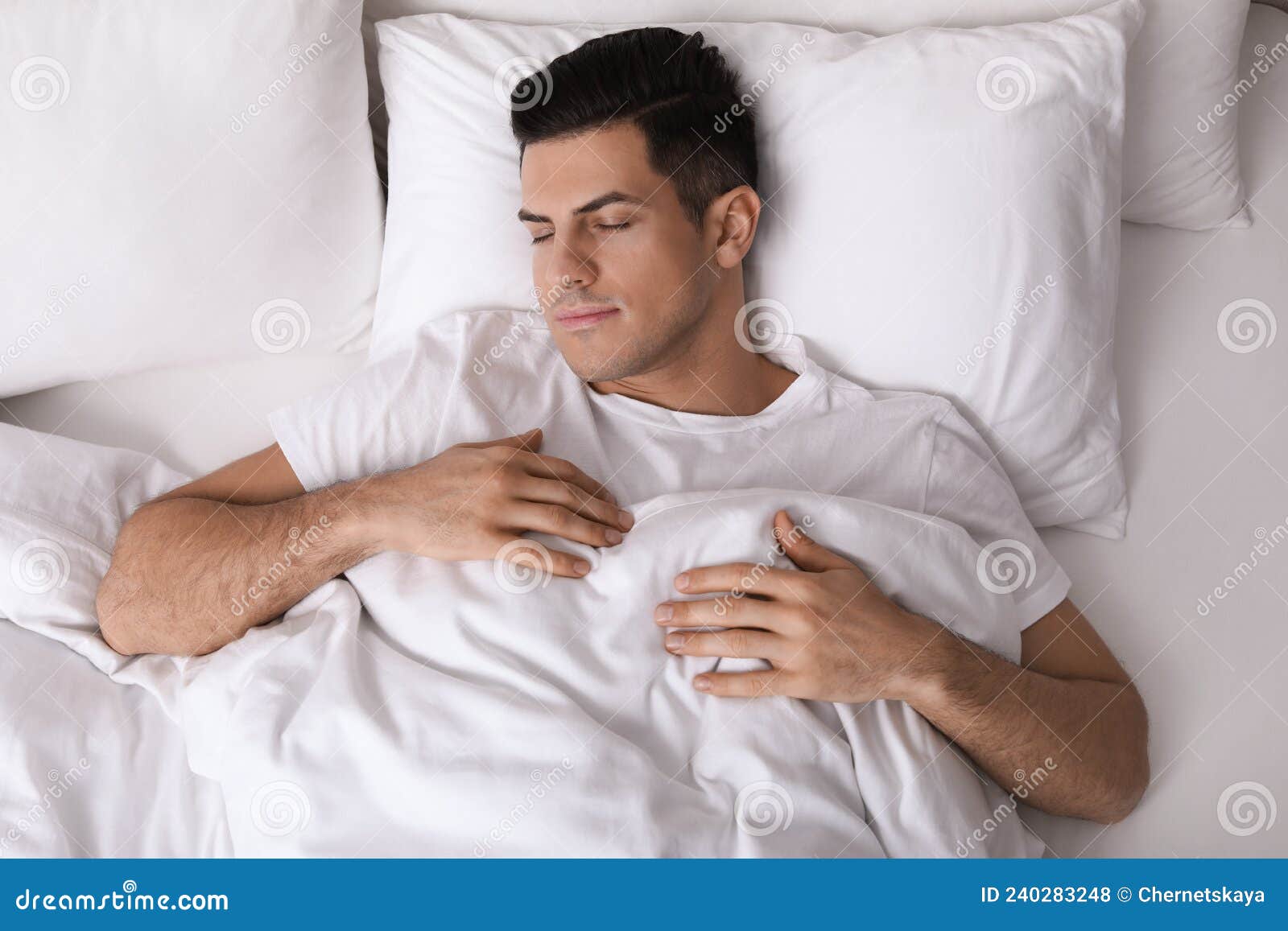 Handsome Man Sleeping in Bed at Home, Top View Stock Photo - Image of ...