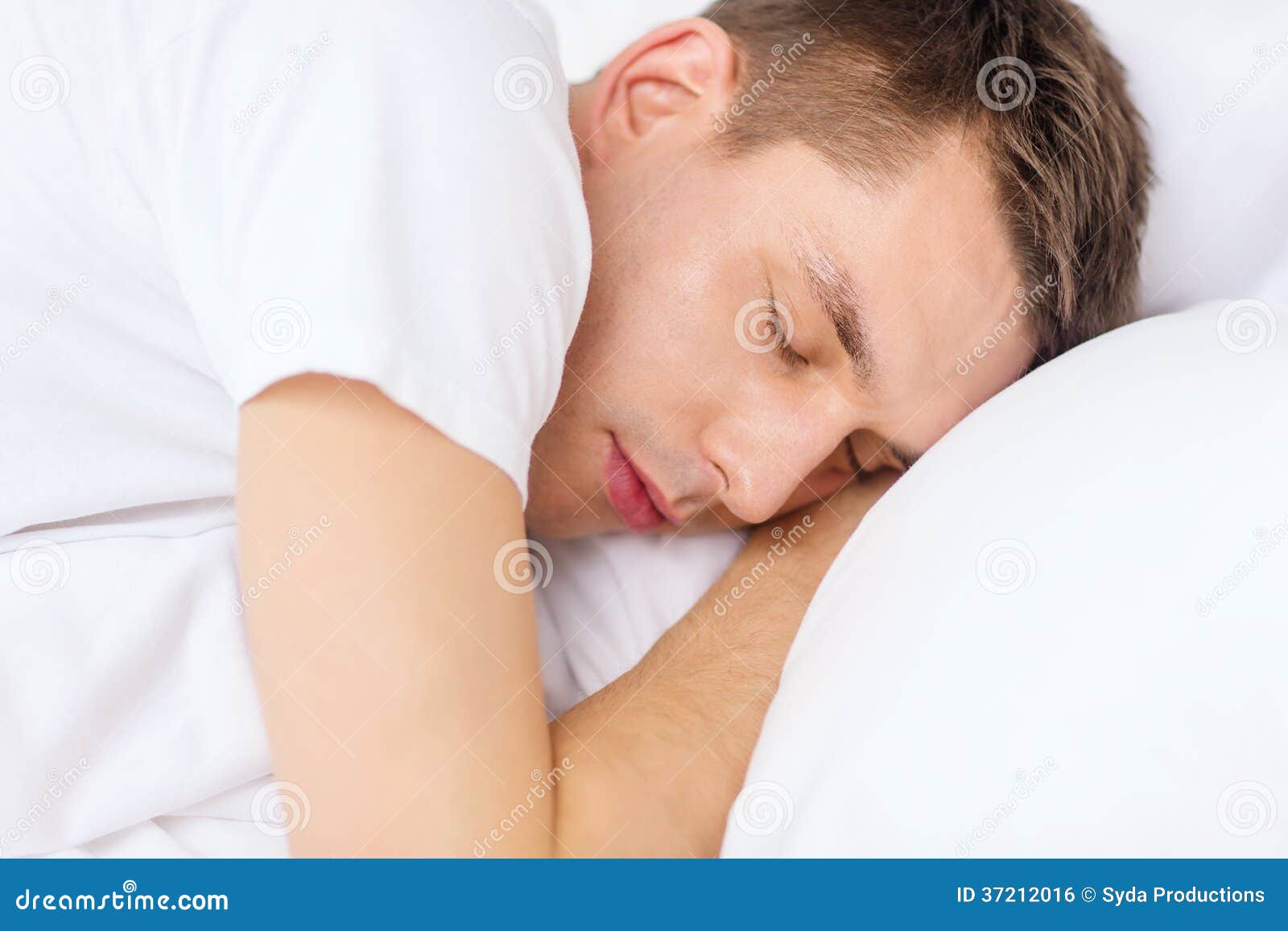 Handsome Man Sleeping in Bed Stock Photo - Image of blanket, happy ...