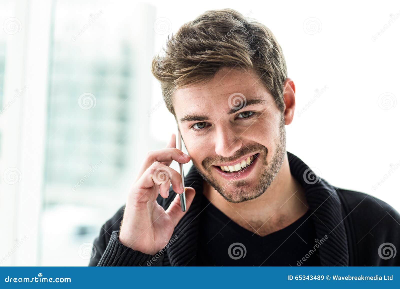 Handsome Man Smiling on Phone Call Stock Image - Image of person ...