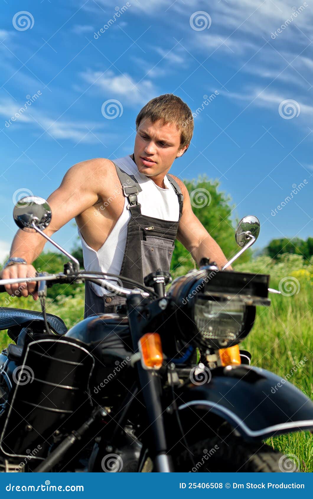 Handsome Man Standing Near Motorcycle. Stock Photo - Image of highway ...
