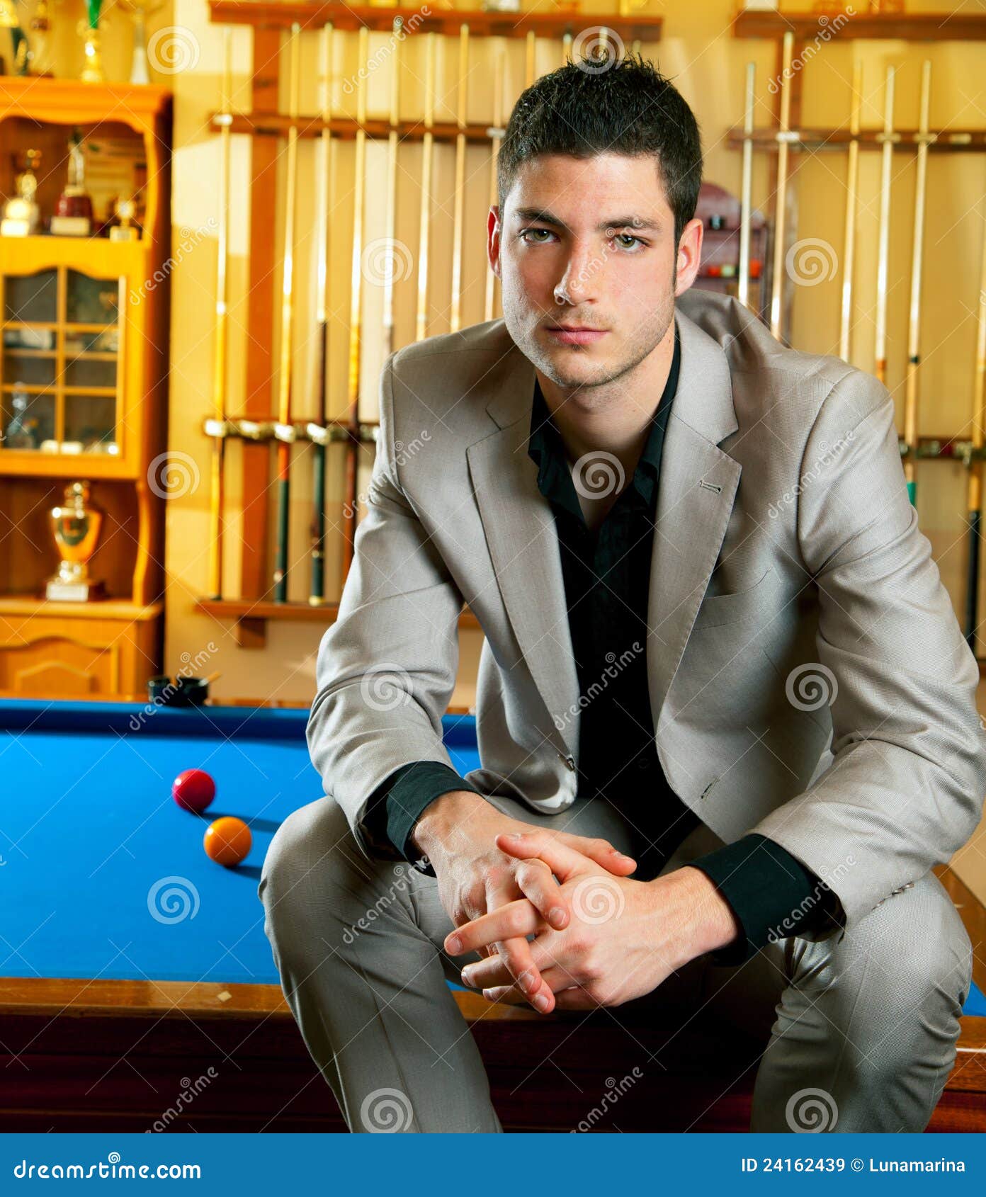 Handsome Man with Suit Sitting in Billiard Pool Stock Image - Image of ...