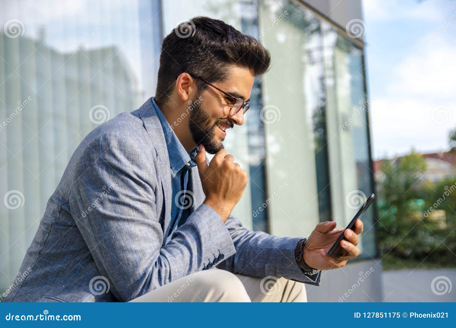 Handsome Man in Suit Sitting in Front of Office Building Stock Image ...
