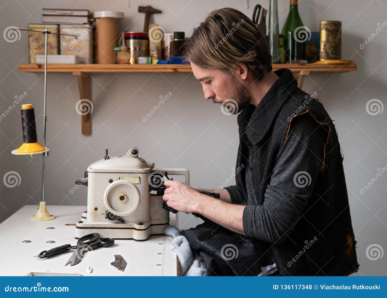 Handsome Man Tailor Sew Fur on Furrier Machine in Workshop Stock Photo ...