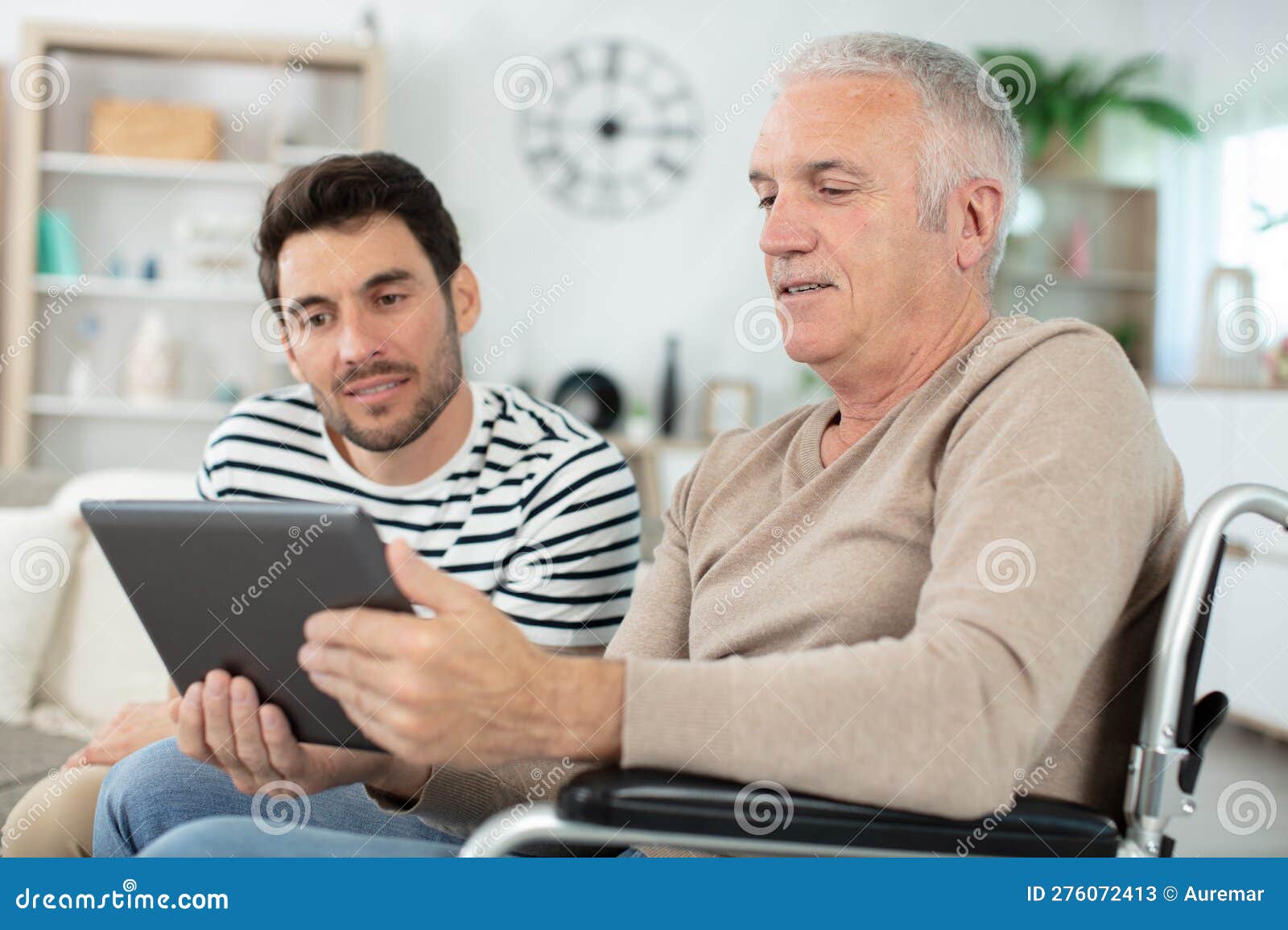 Handsome Man Taking Care about Eldery Father in Wheelchair Stock Image ...