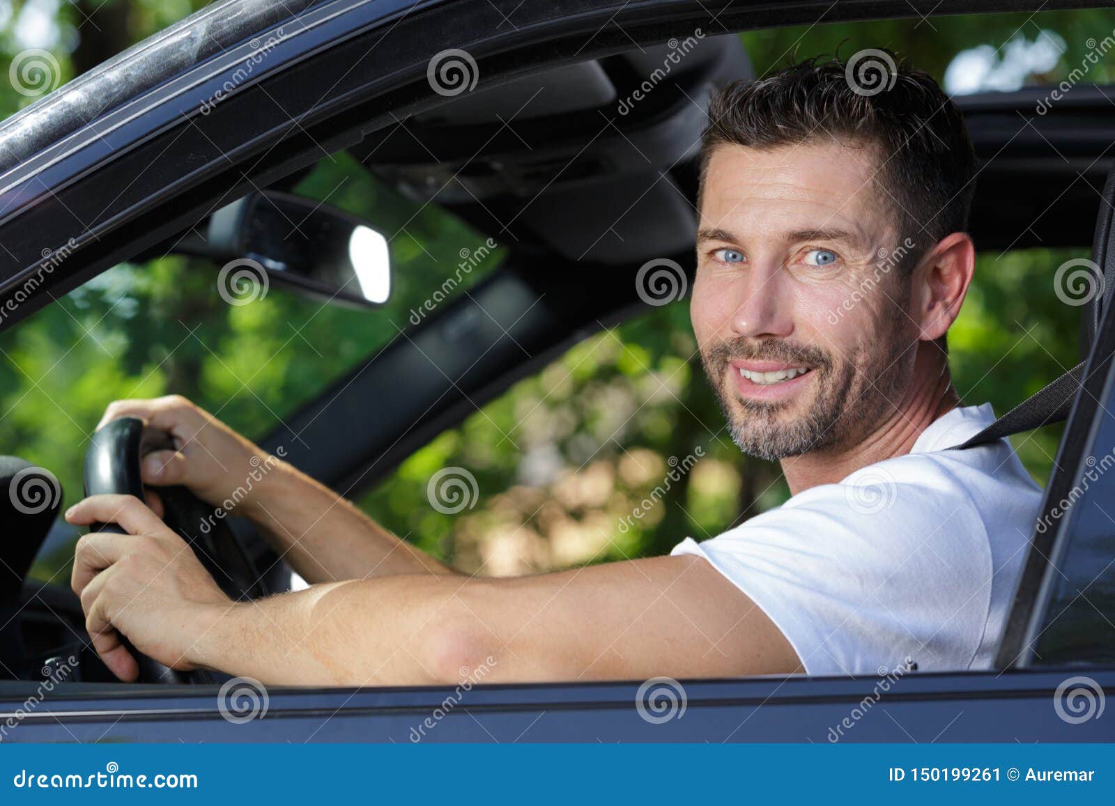 Handsome Man Talking in Car Stock Image - Image of charming, interior ...